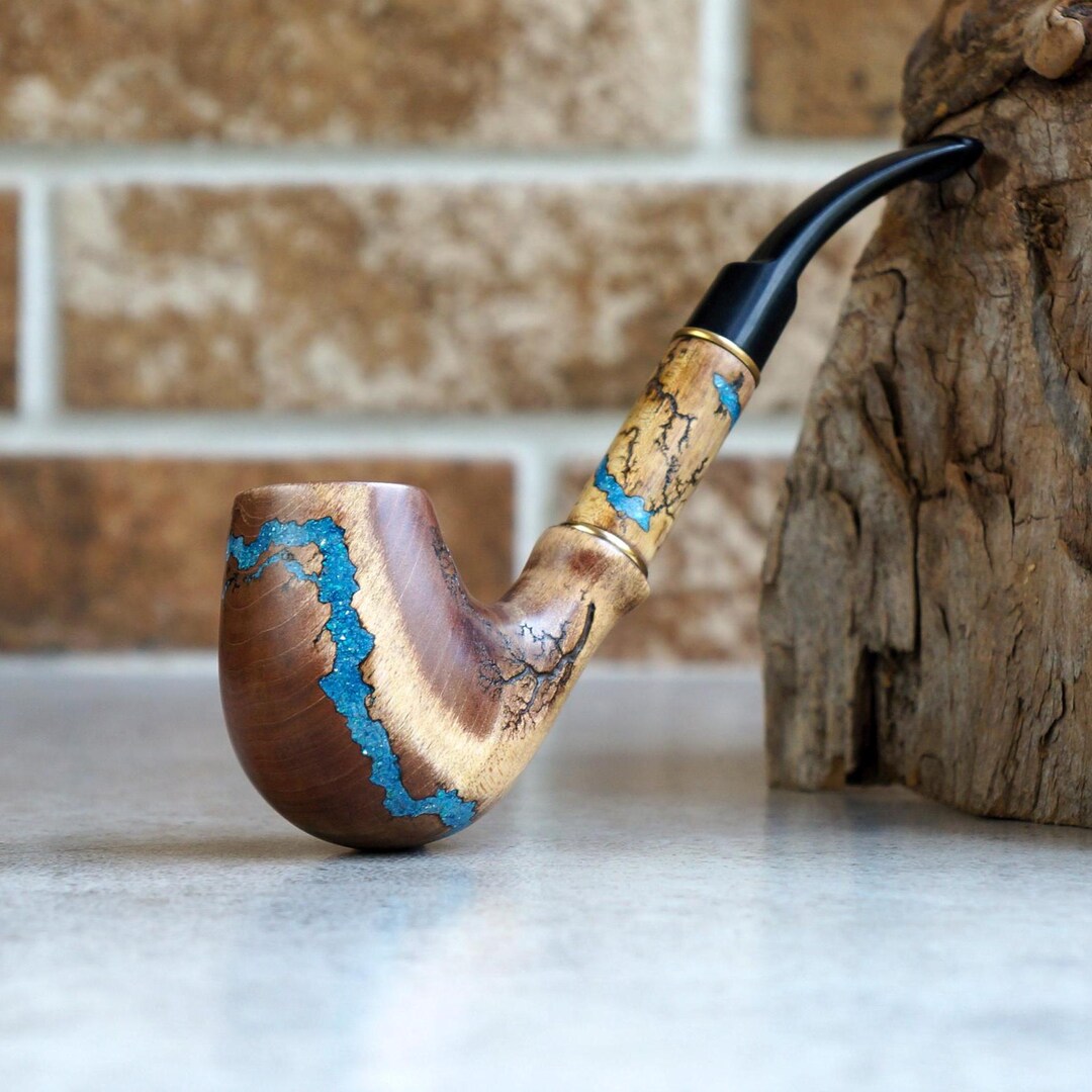Handcrafted Pear Wood Tobacco Pipe – Turquoise Inlay, Long Mouthpiece ...