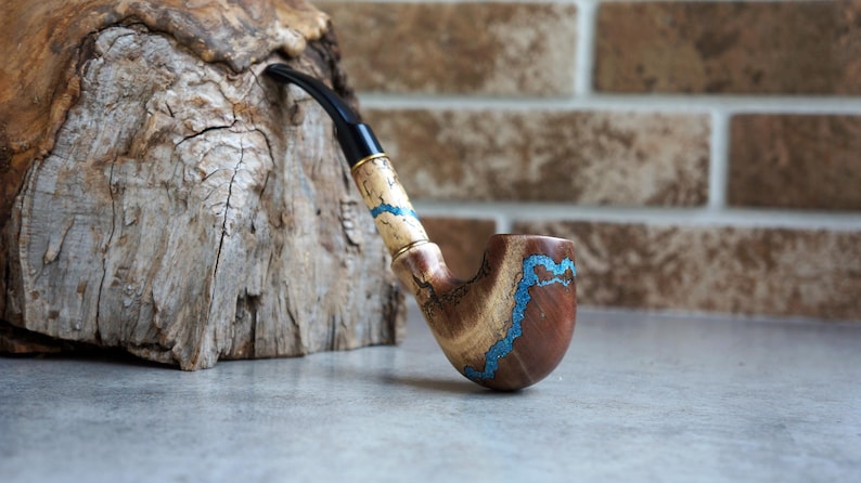 Handcrafted Pear Wood Tobacco Pipe – Turquoise Inlay, Long Mouthpiece ...