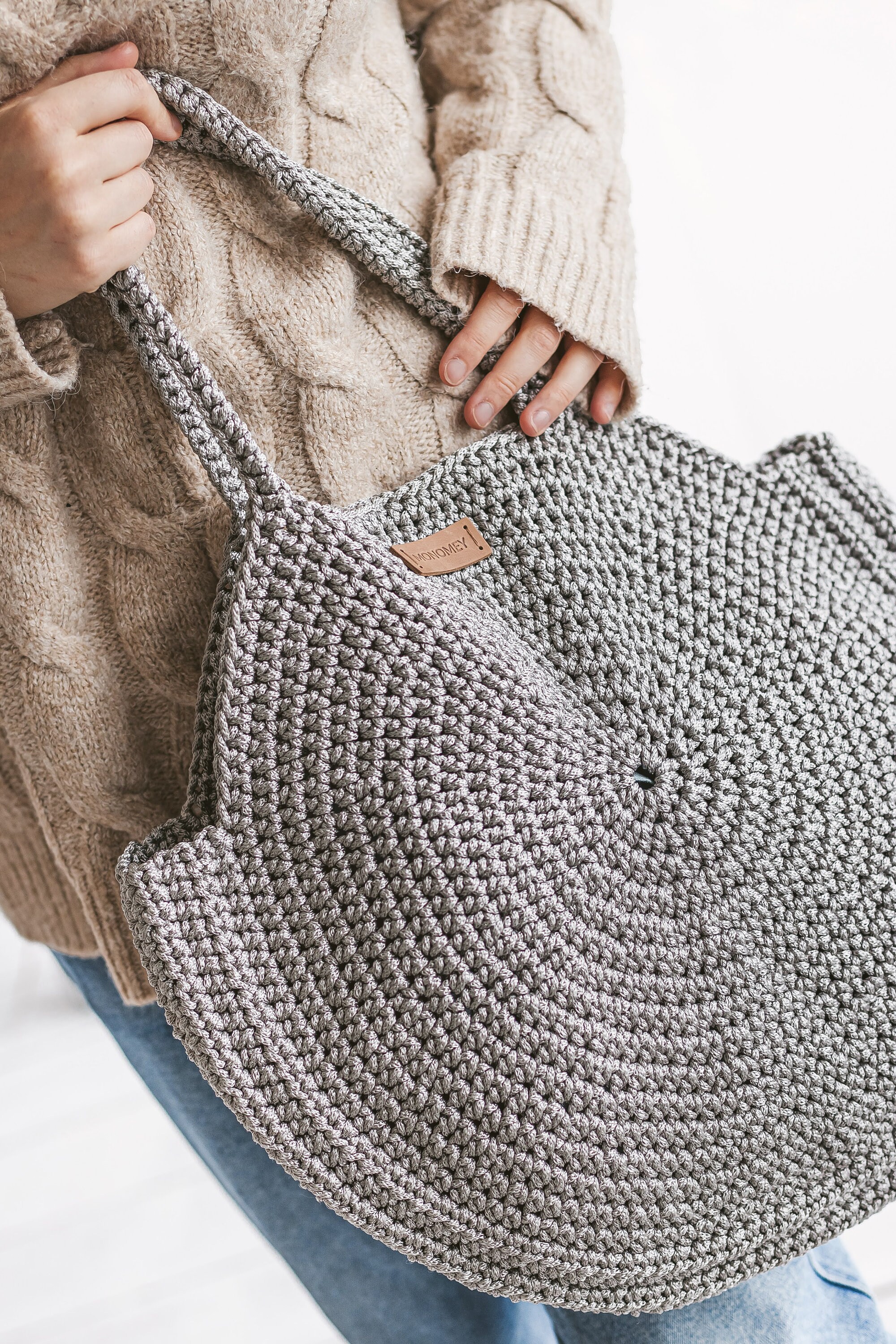 Big Tote Bag Round Tote Bag Gray Tote Bag Handmade Bag for | Etsy