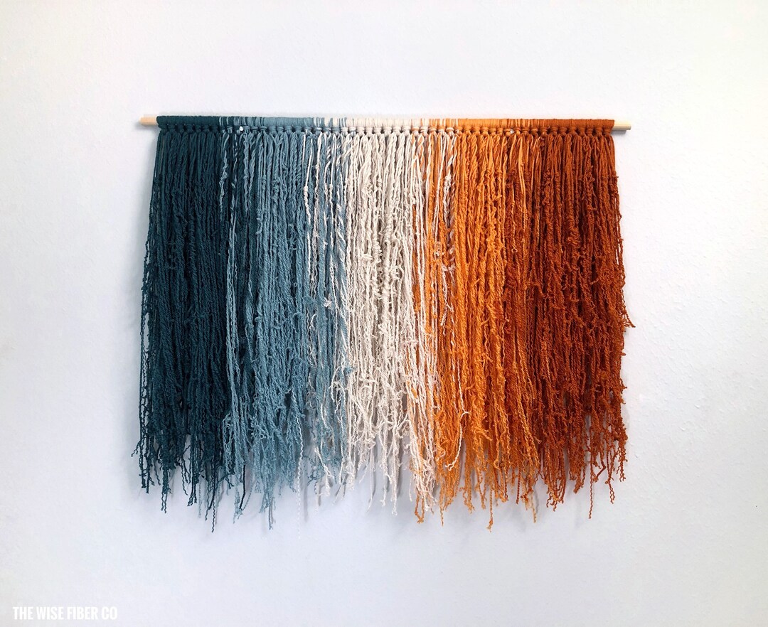 30 W X 24 L Southwestern Macrame Wall Hanging, Teal Blue Linen Burnt ...