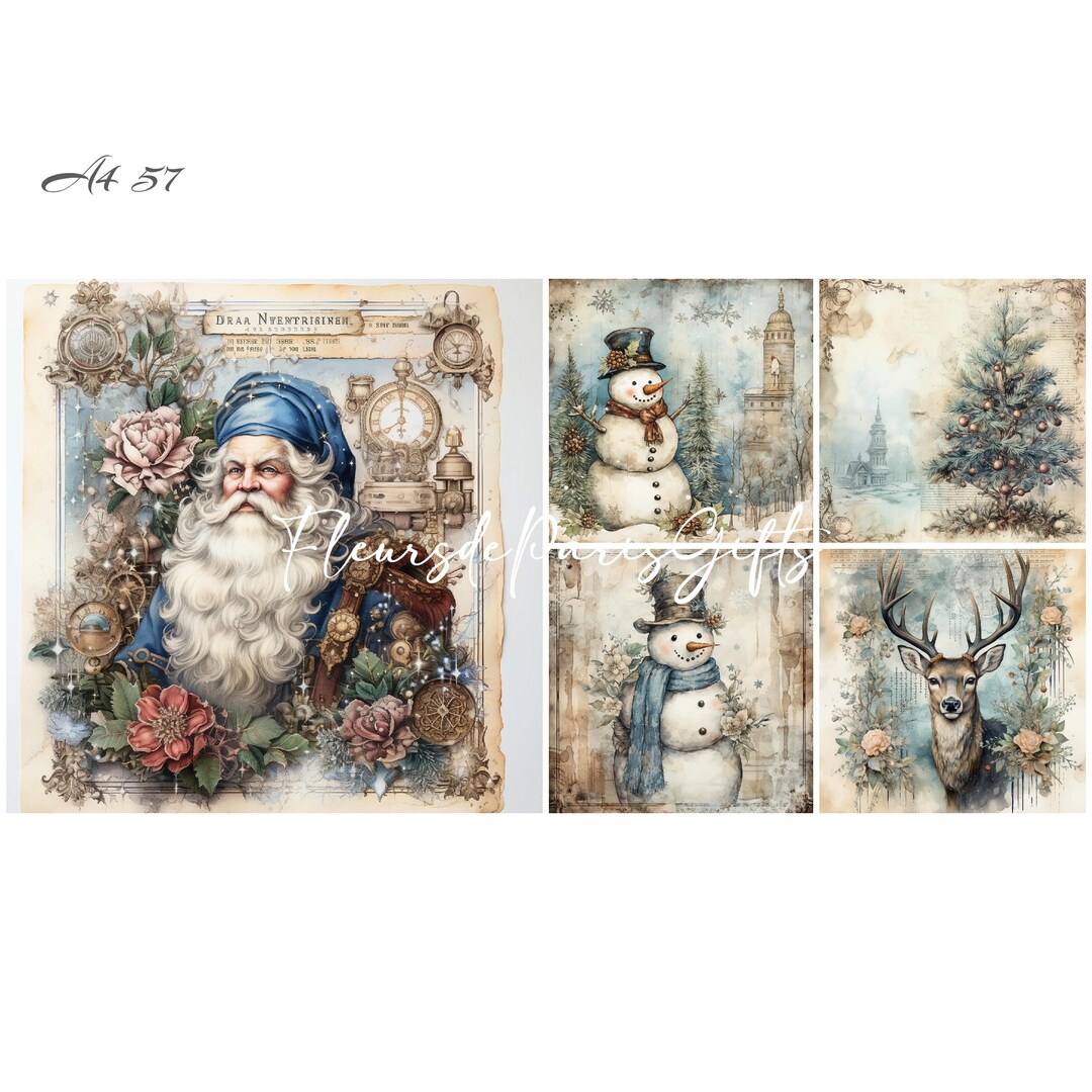 NEW Decoupage Rice Paper, A4 057 Vintage Blue Xmas Snowman Santa Decoupage Paper, Decorative ...