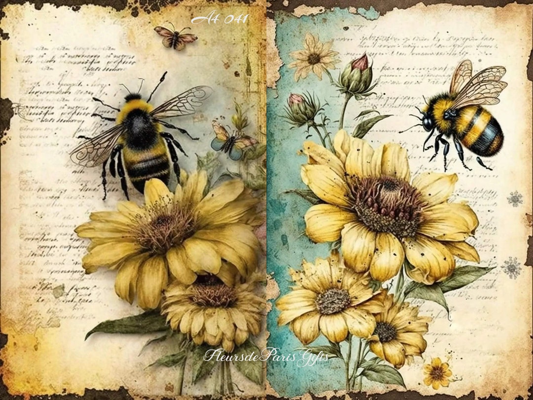 Decoupage Rice Paper, A4 041 Vintage Sunflowers and Bees Decoupage ...