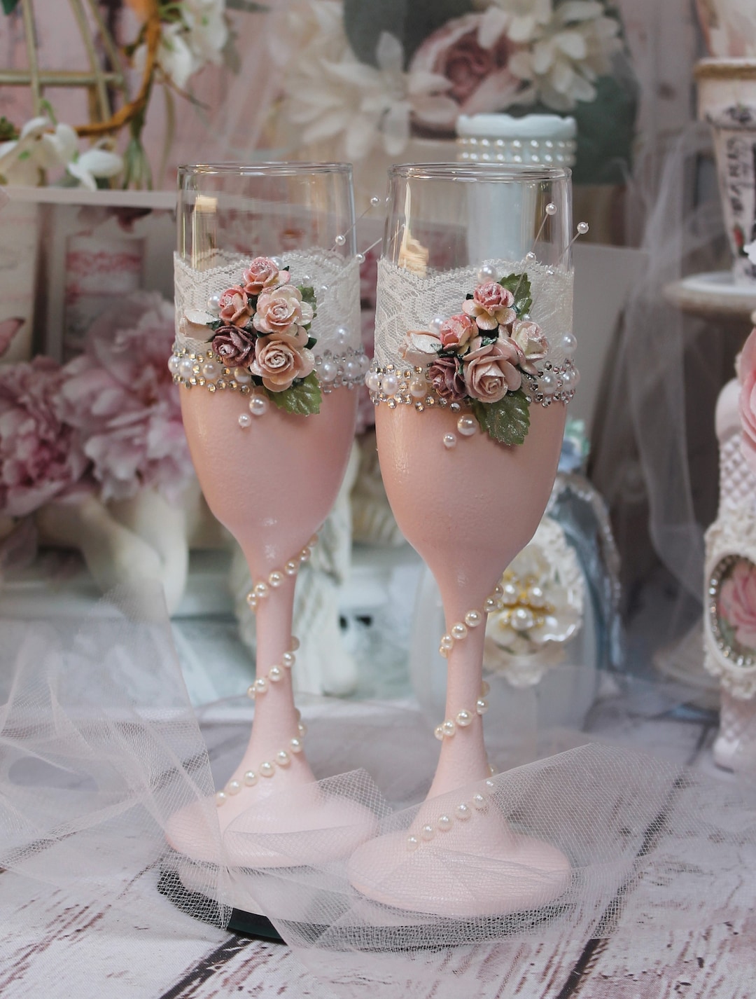 Shabby Chic Vintage Toasting Flutes Wedding Bride and Groom Toasting ...