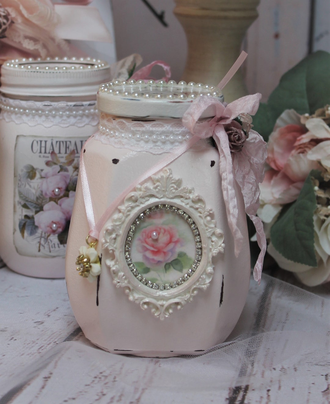 Shabby Chic Vintage French Style Painted Decoupage Mason Glass Jar W ...
