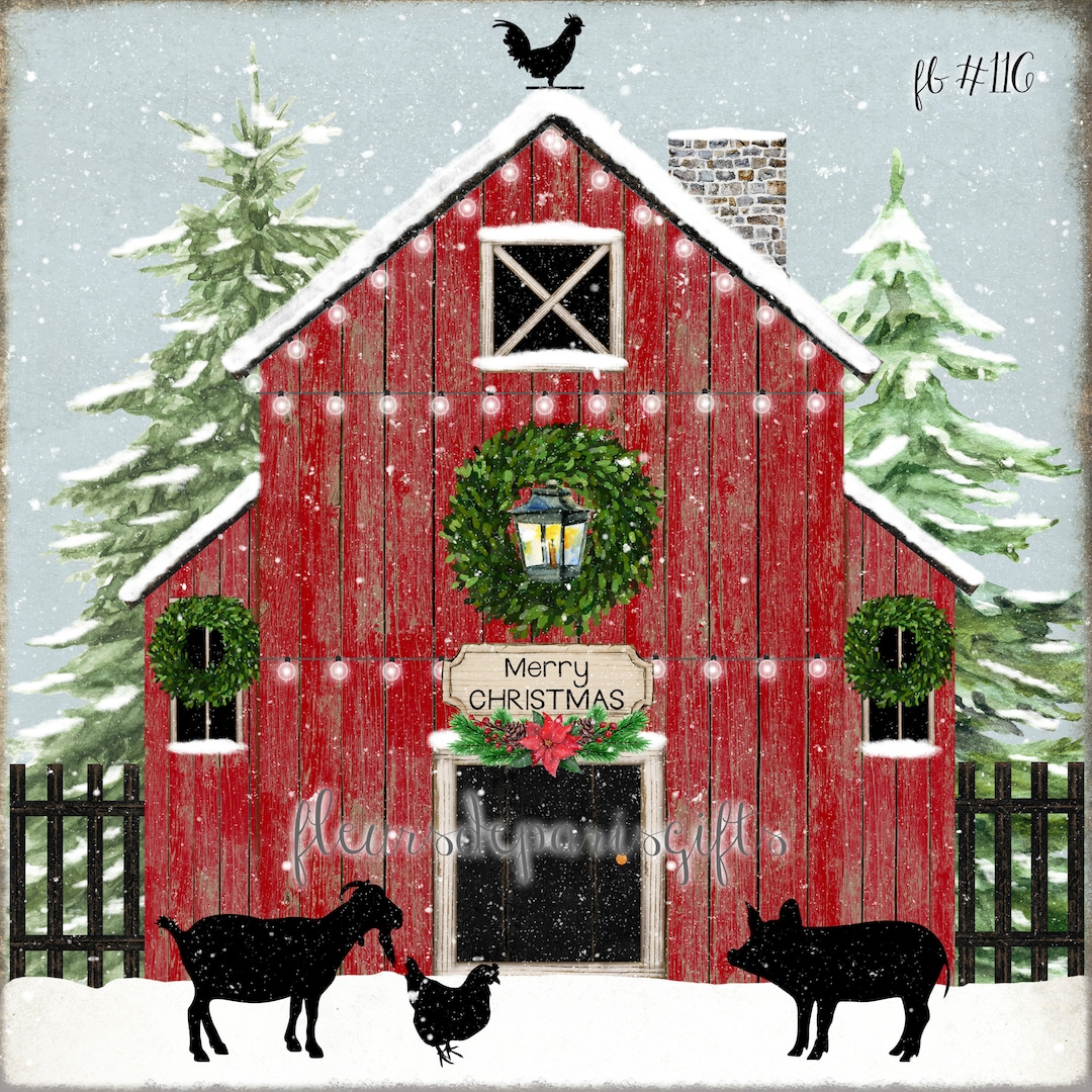 Vintage Christmas Red Farm Barn Country Christmas 1 Print on Fabric ...