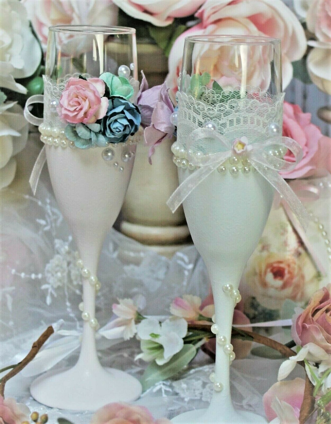 Shabby Chic Vintage Toasting Flutes Wedding Bride and Groom - Etsy
