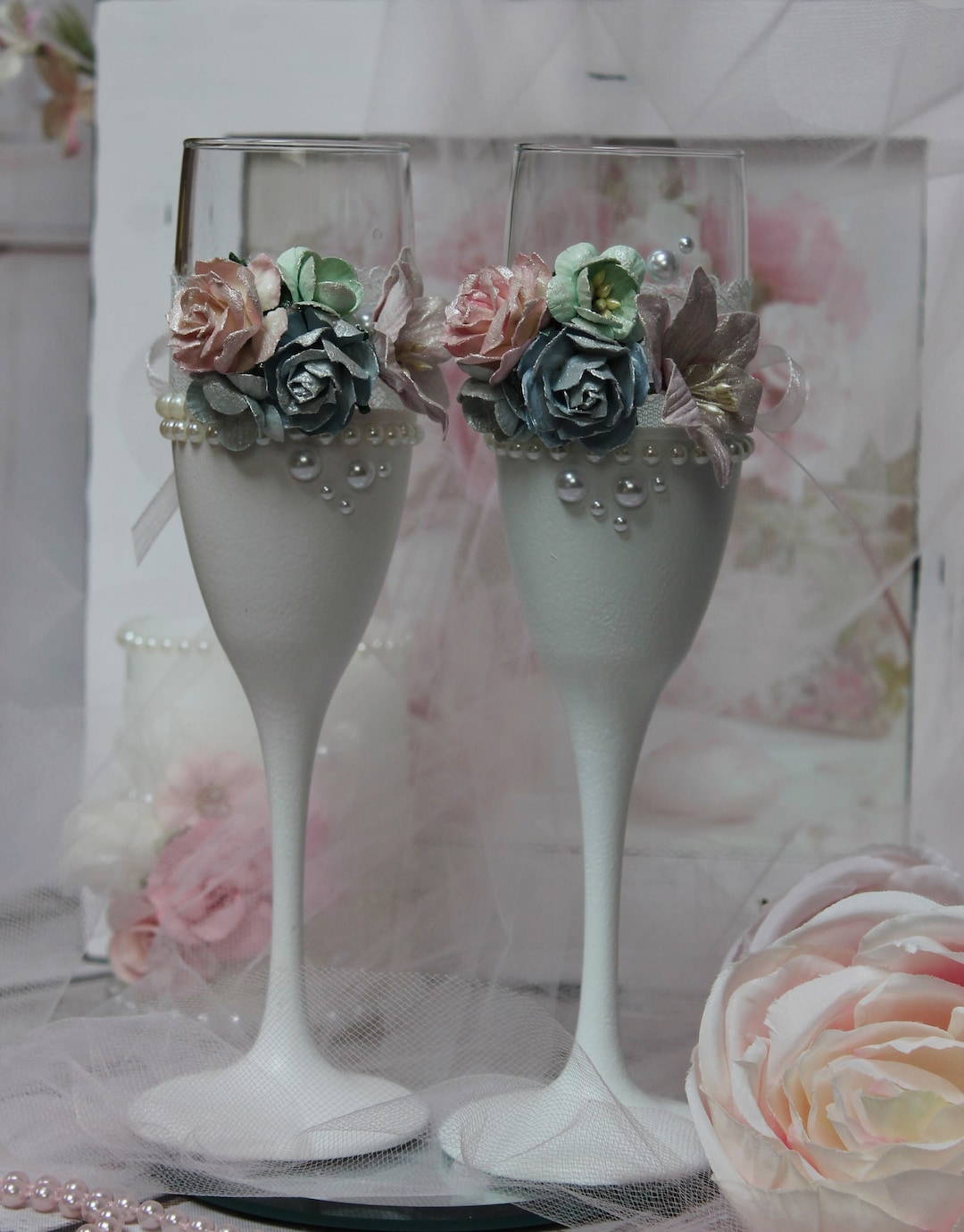 Shabby Chic Vintage Toasting Flutes Wedding Bride and Groom Toasting ...