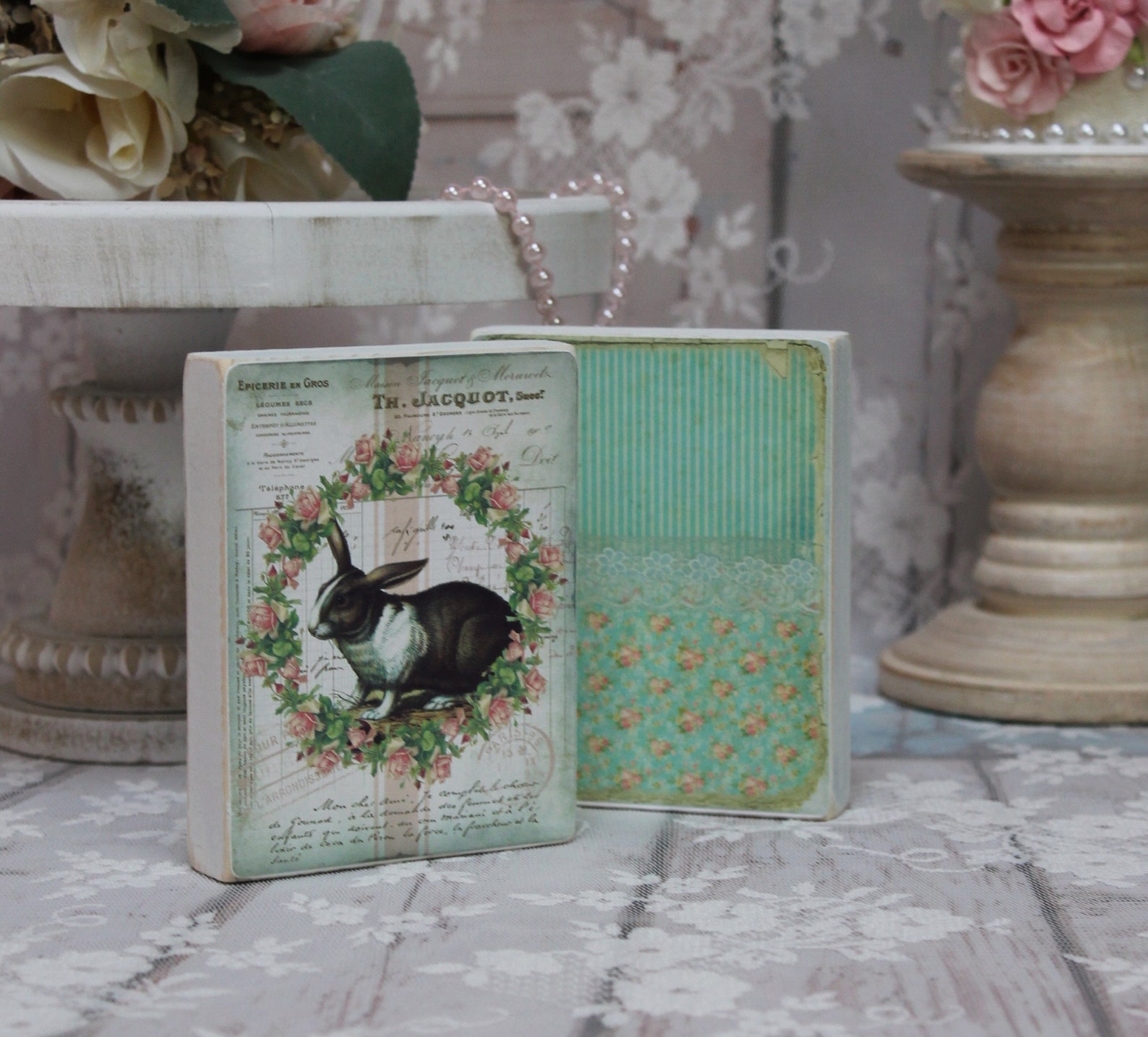 Shabby Chic Vintage Easter Bunnies Roses Spring Bunnies Set of - Etsy