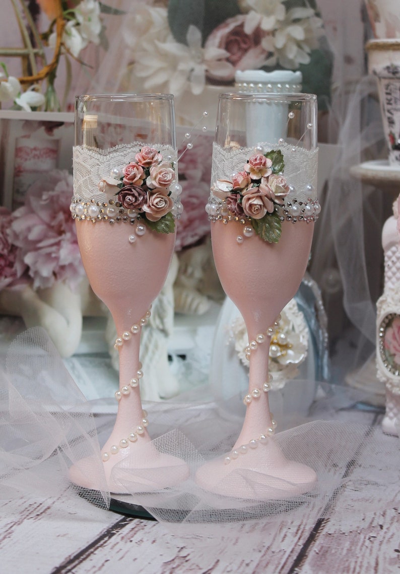 Shabby Chic Vintage Toasting Flutes Wedding Bride and Groom - Etsy