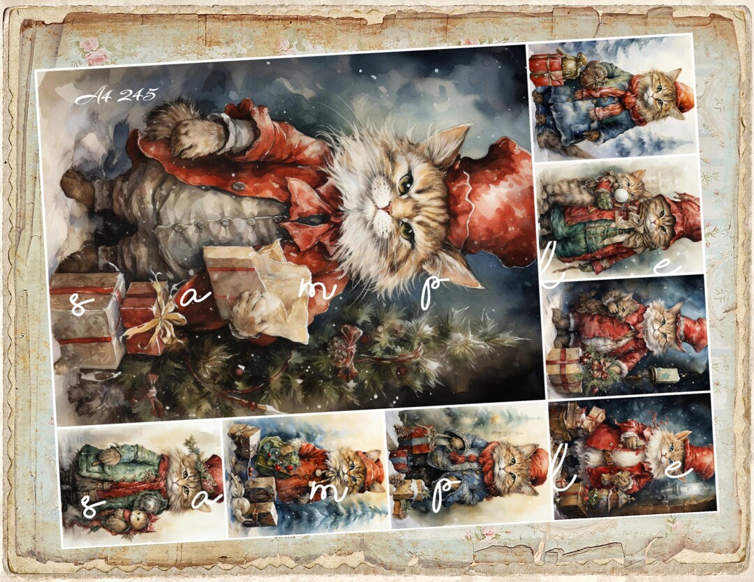 Vintage Christmas Whimsical Cat Decoupage Rice Paper A4 Size - Etsy