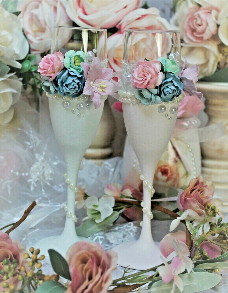 Shabby Chic Vintage Toasting Flutes Wedding Bride and Groom | Etsy