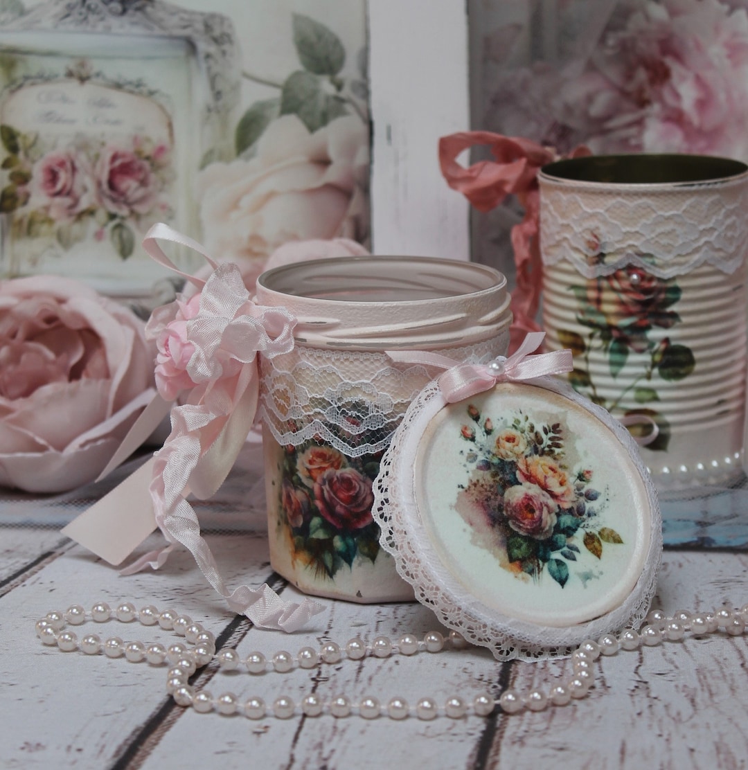 Shabby Chic Vintage Inspired Decorative Mason Jam Jar With Lid ~ Rose ...