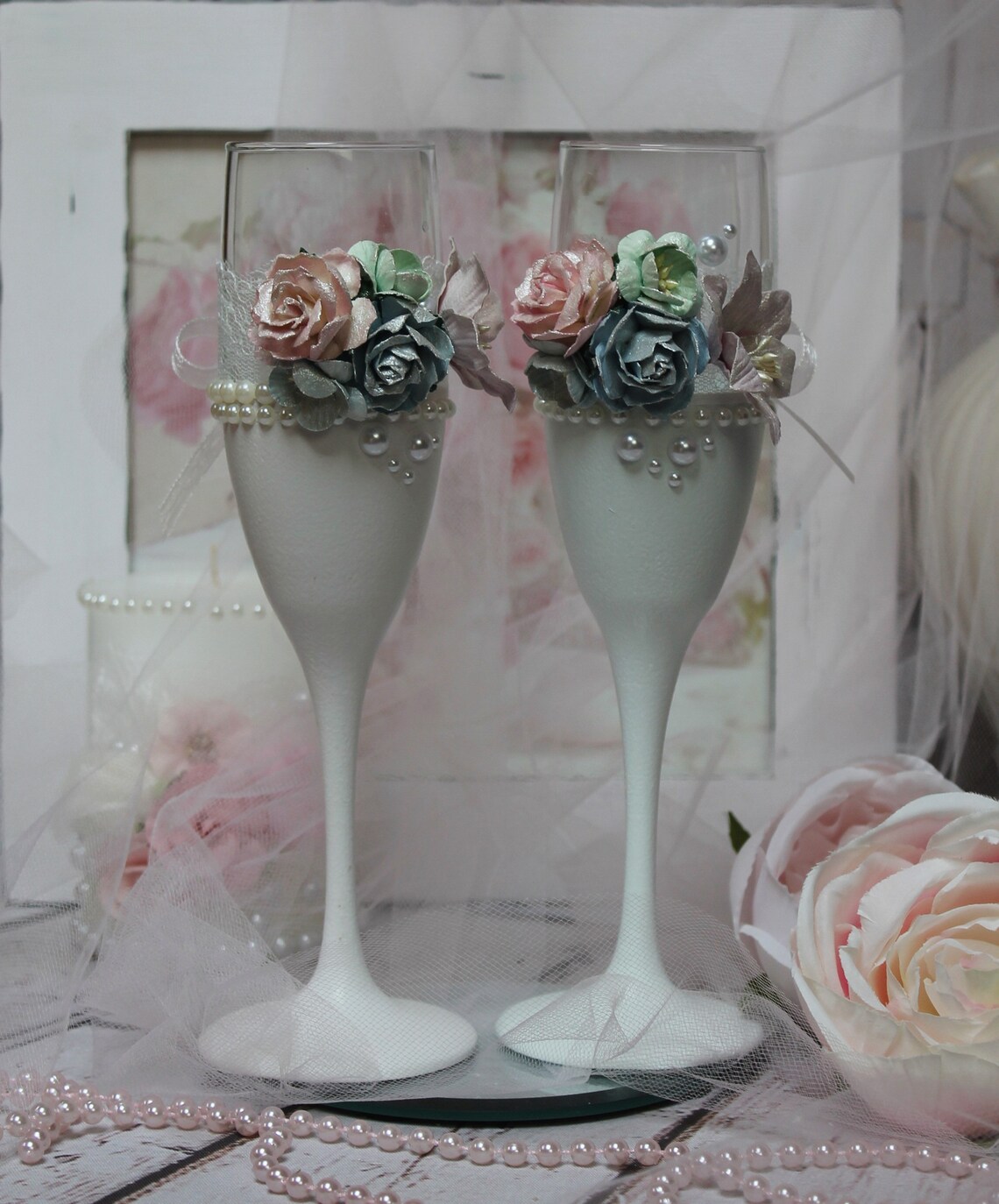 Shabby Chic Vintage Toasting Flutes Wedding Bride and Groom - Etsy
