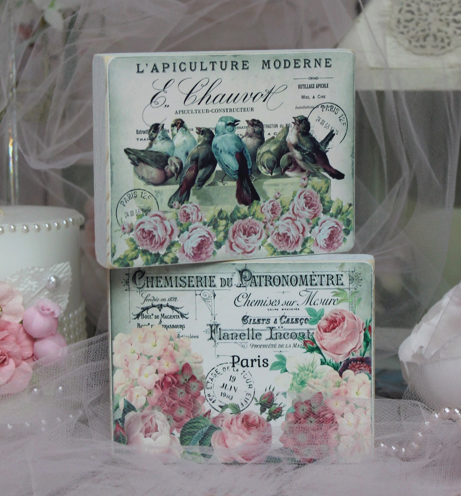 Shabby Chic Vintage Spring Birds Paris Flowers Set of Two - Etsy