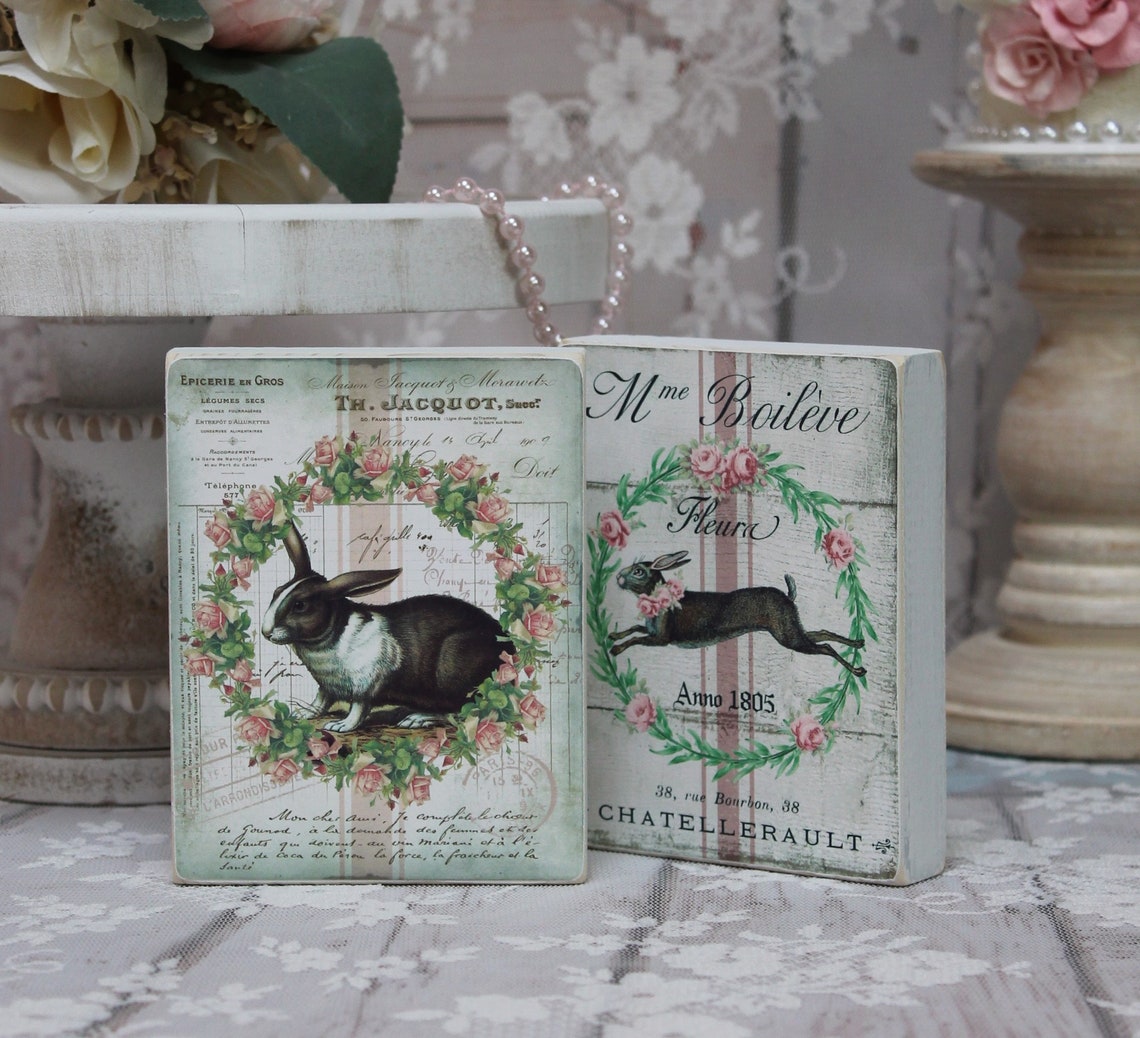 Shabby Chic Vintage Easter Bunnies Roses Spring Bunnies Set of - Etsy