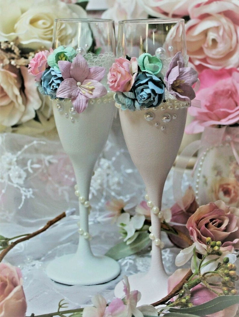 Shabby Chic Vintage Toasting Flutes Wedding Bride and Groom | Etsy
