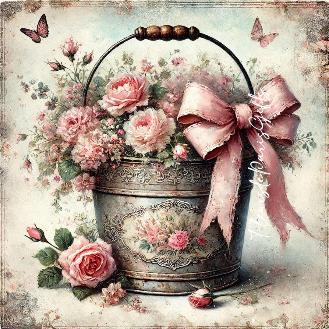 Decoupage Rice Paper, Shabby Chic Vintage Pink Metal Bucket With ...
