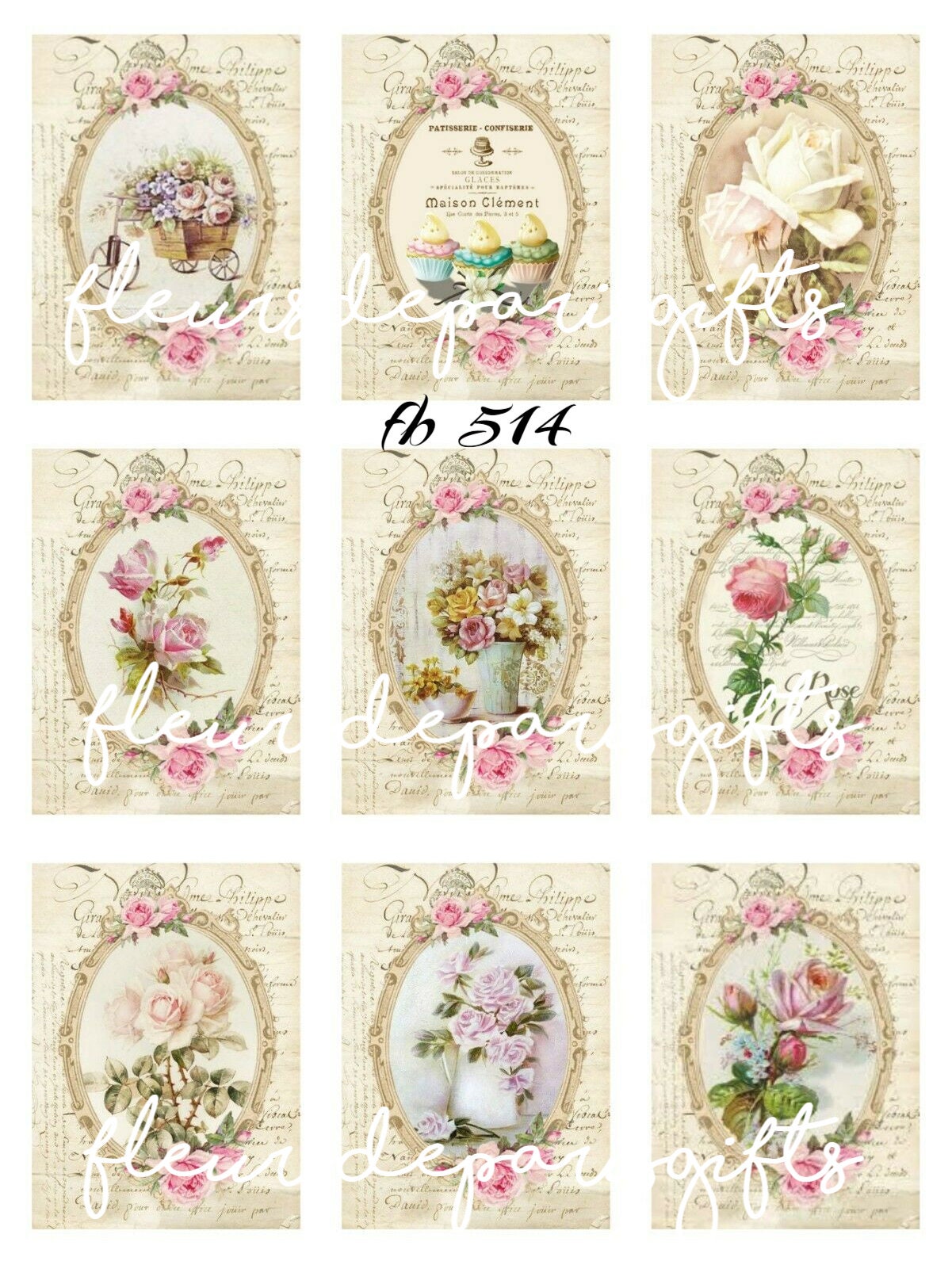 Shabby Chic Vintage French Paris Roses 9 Small Prints on 1 8 - Etsy