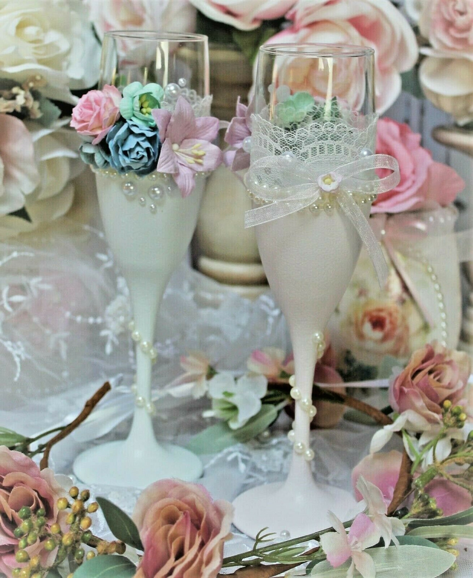 Shabby Chic Vintage Toasting Flutes Wedding Bride and Groom | Etsy