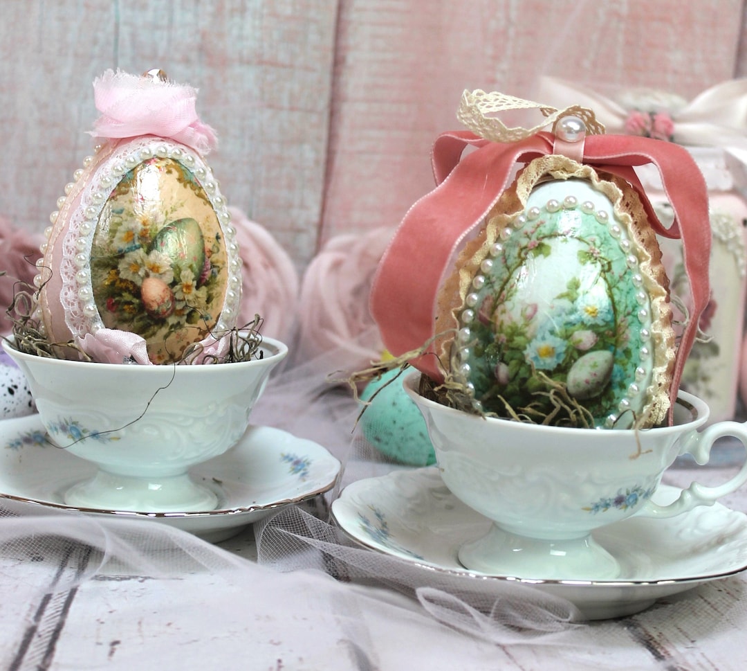 Shabby Chic Vintage Spring Decor, Easter Robbins Egg in a Tea Cup With ...