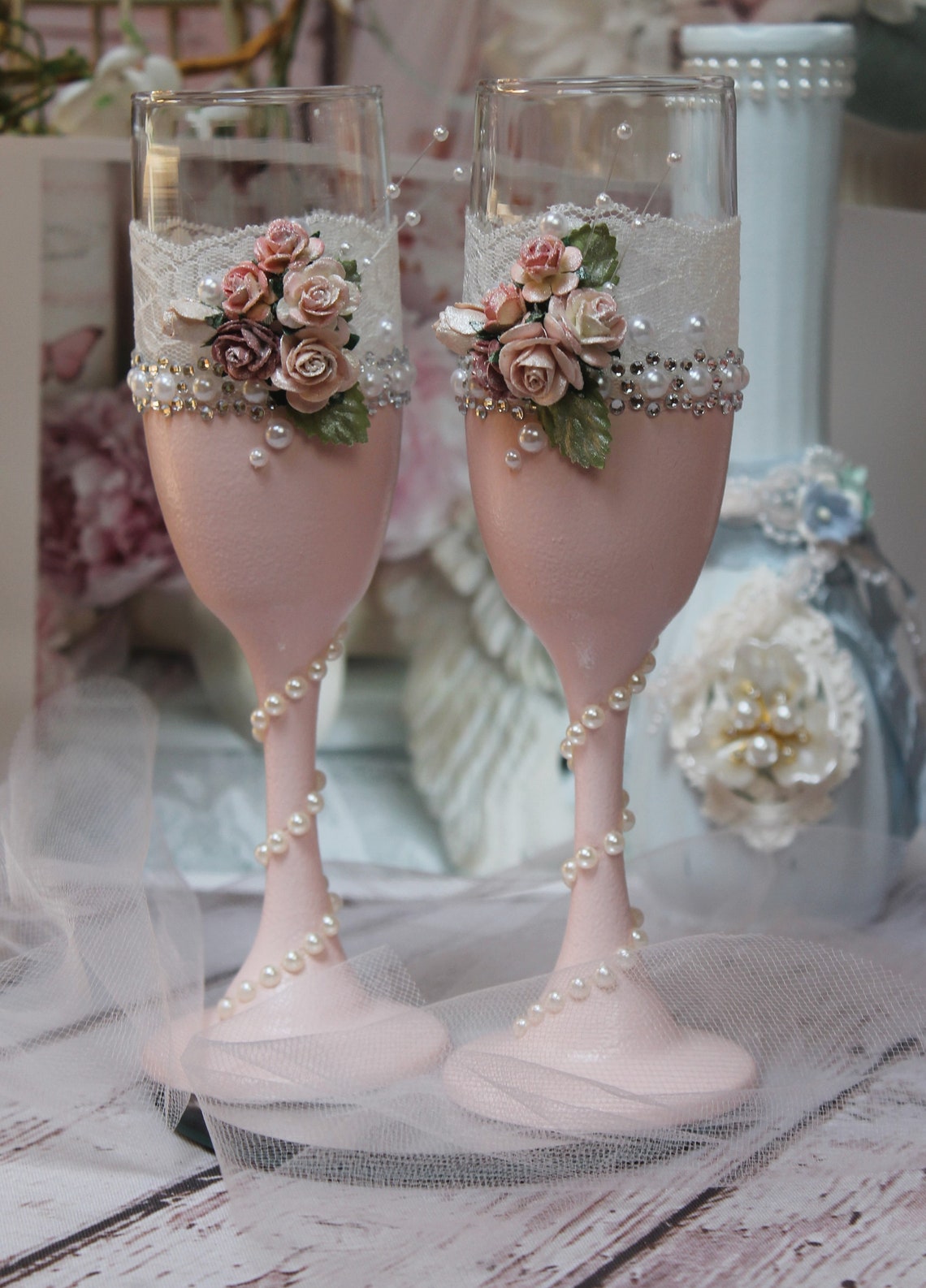 Shabby Chic Vintage Toasting Flutes Wedding Bride And Groom Etsy