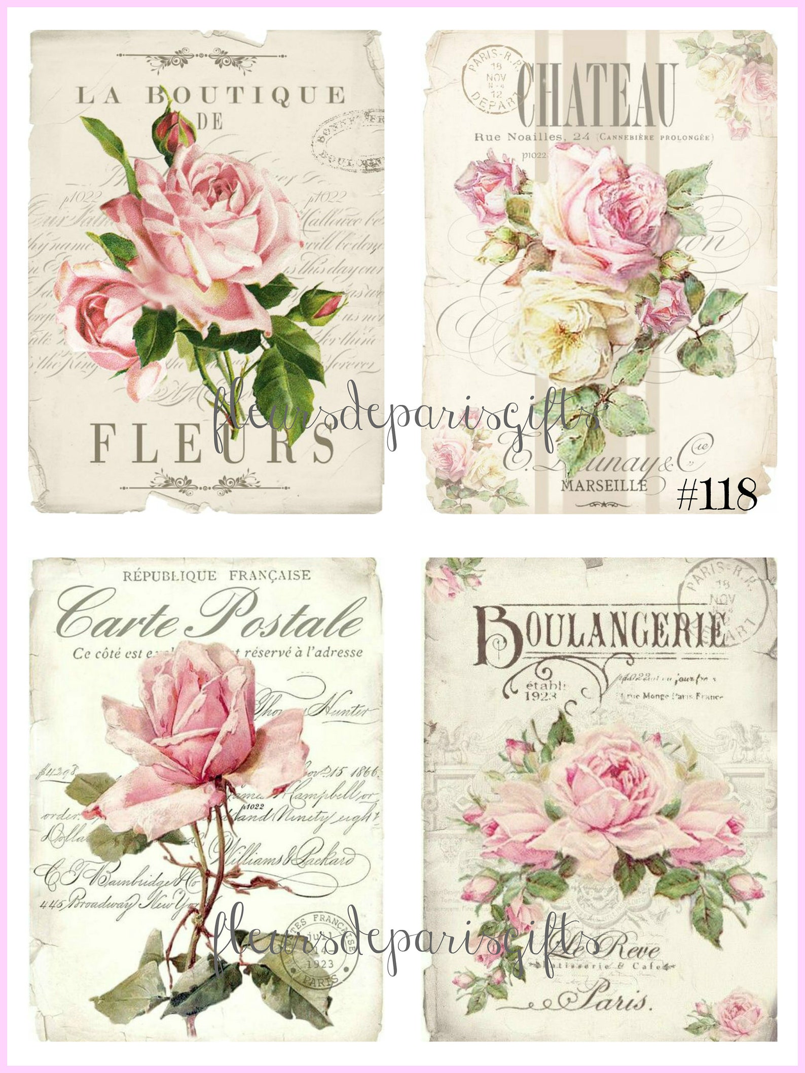 Shabby Chic Vintage French Paris Roses 4 3 1/4 X 4 - Etsy