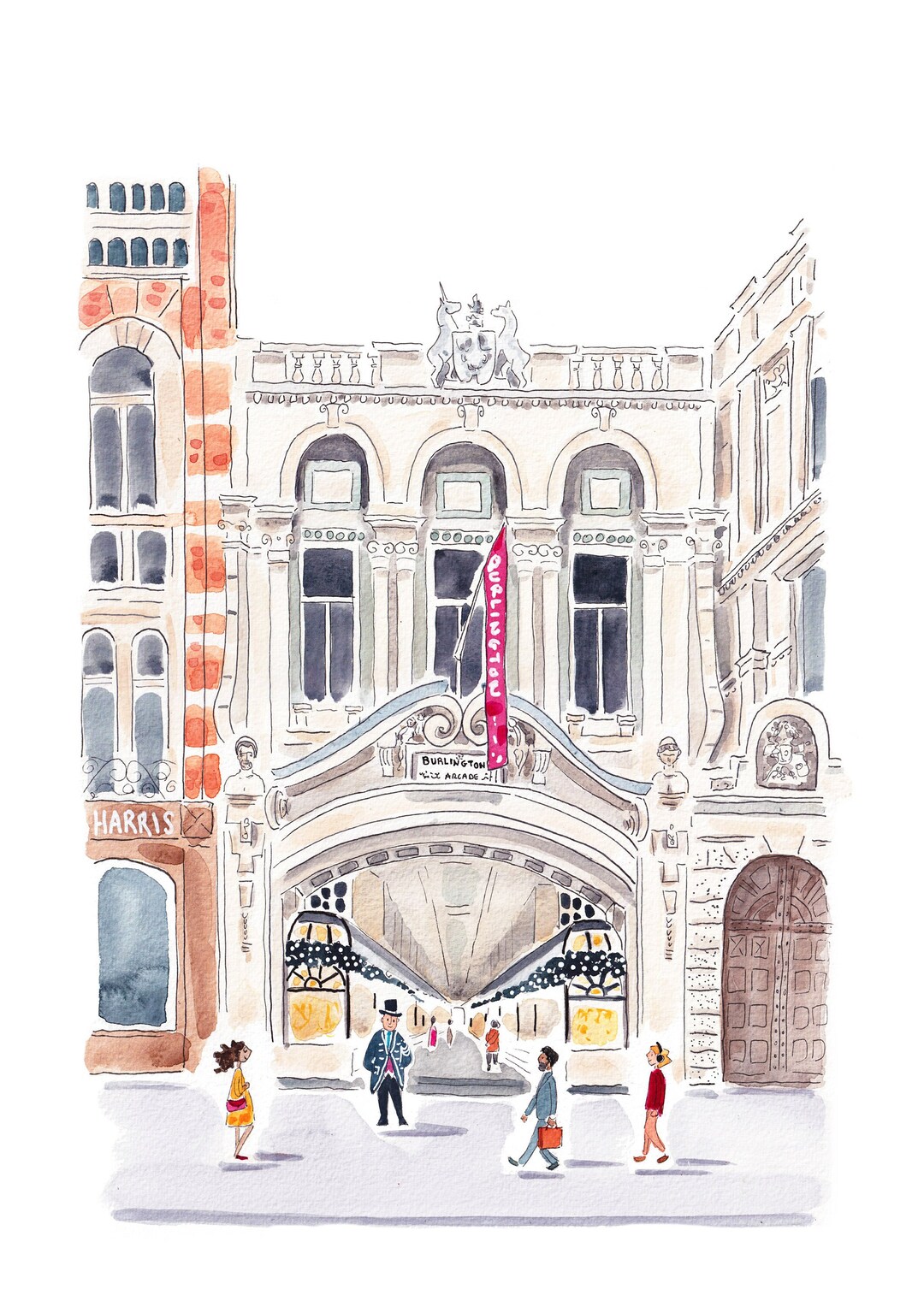 Handmade Burlington Arcade Illustration Print | London Watercolour Wall ...