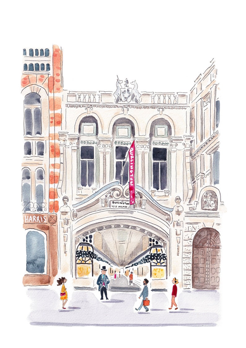 Handmade Burlington Arcade Illustration Print London Watercolour Wall ...