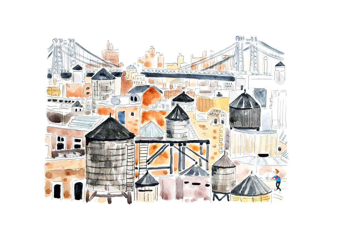 NYC Skyline Watercolor Print | Hand-painted Water Tanks Art - Etsy
