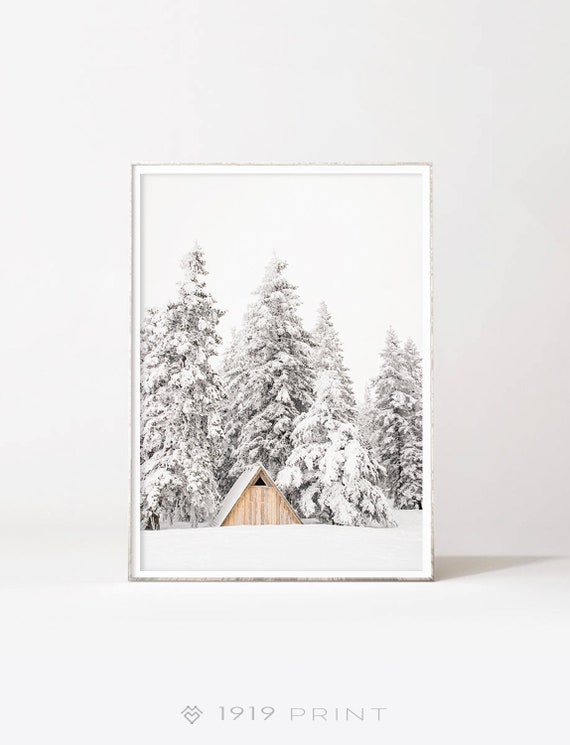 Snowy Pine Tree Print Snowy Log Cabin Wooden House In Forest | Etsy