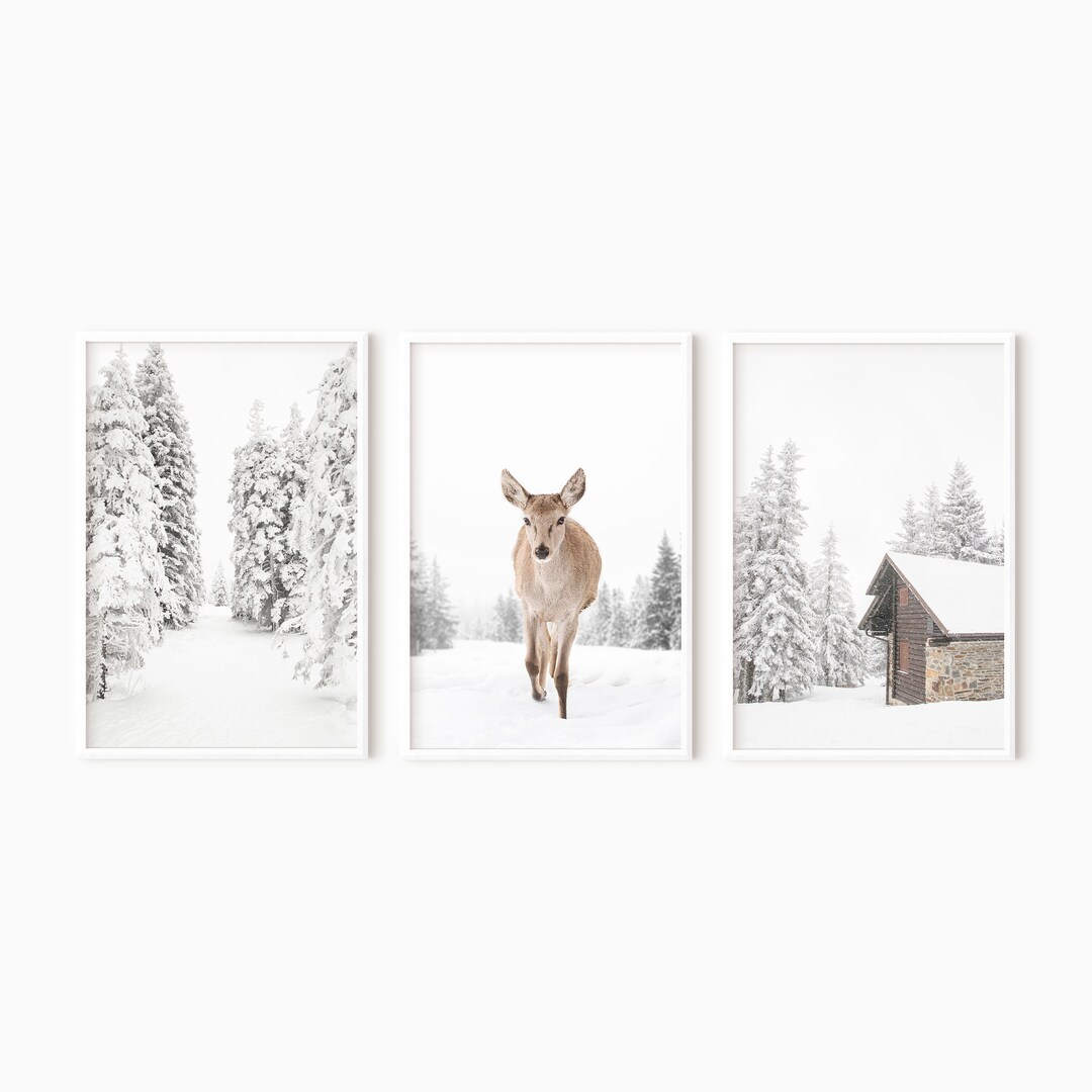 Set of 3 Winter Scene Prints DOWNLOAD | White Forest Print | Log Cabin ...