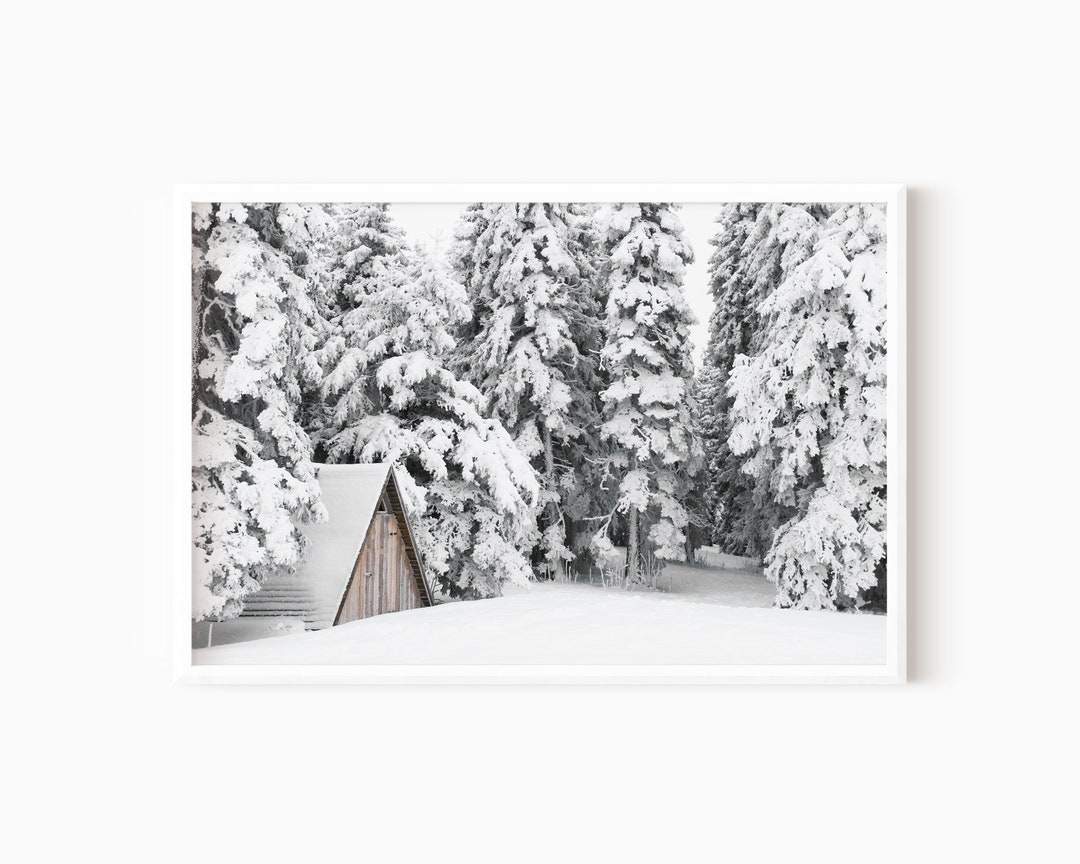Log Cabin Print | Snowy Forest Art | Printable Winter Wall Art ...