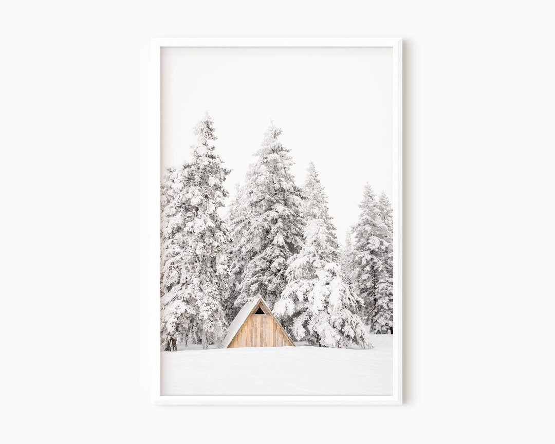 Snowy Pine Tree Print Snowy Log Cabin Wooden House in Forest Print ...