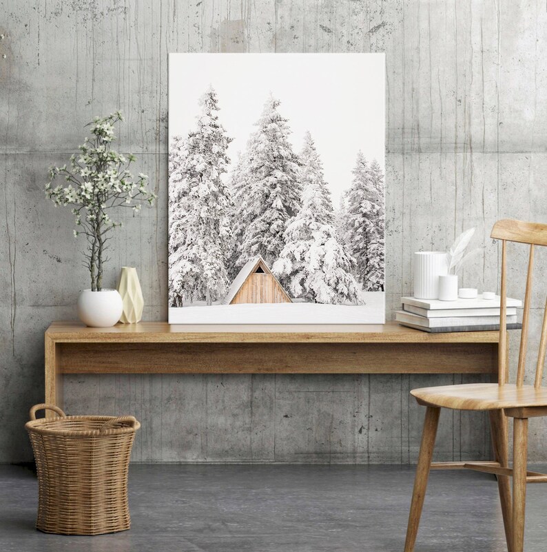 Snowy Pine Tree Print Snowy Log Cabin Wooden House In Forest | Etsy