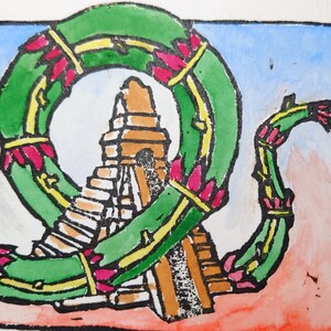 Kukulkan the Creator - Linocut Print With Watercolour - Limited Edition ...