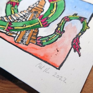 Kukulkan the Creator - Linocut Print With Watercolour - Limited Edition ...