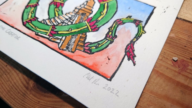 Kukulkan the Creator - Linocut Print With Watercolour - Limited Edition ...