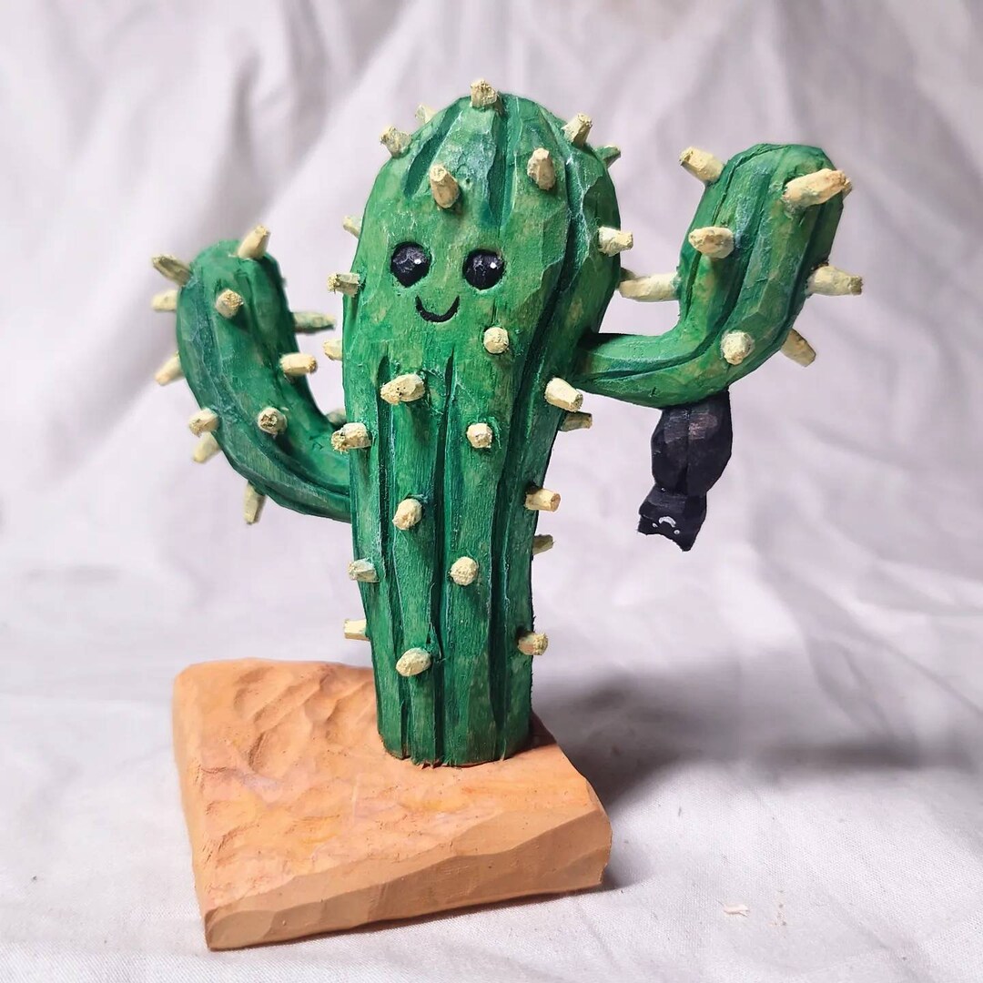 Cactus and Bat Wood Figure Hand Carved, Desk Accessory, Whimsical ...