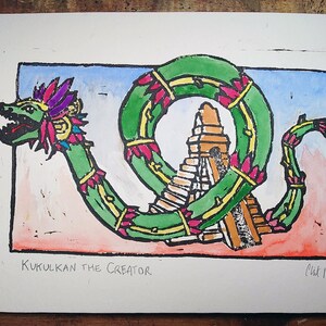Kukulkan the Creator Linocut Print With Watercolour Limited Edition 18 ...