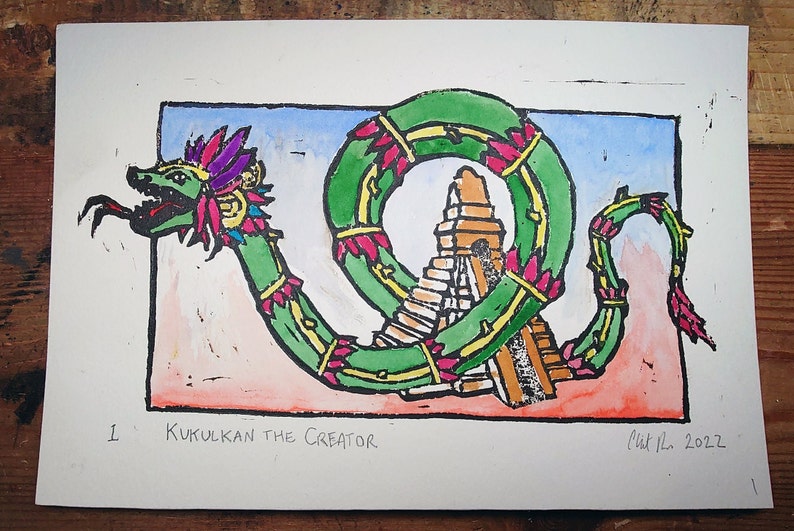 Kukulkan the Creator - Linocut Print With Watercolour - Limited Edition ...