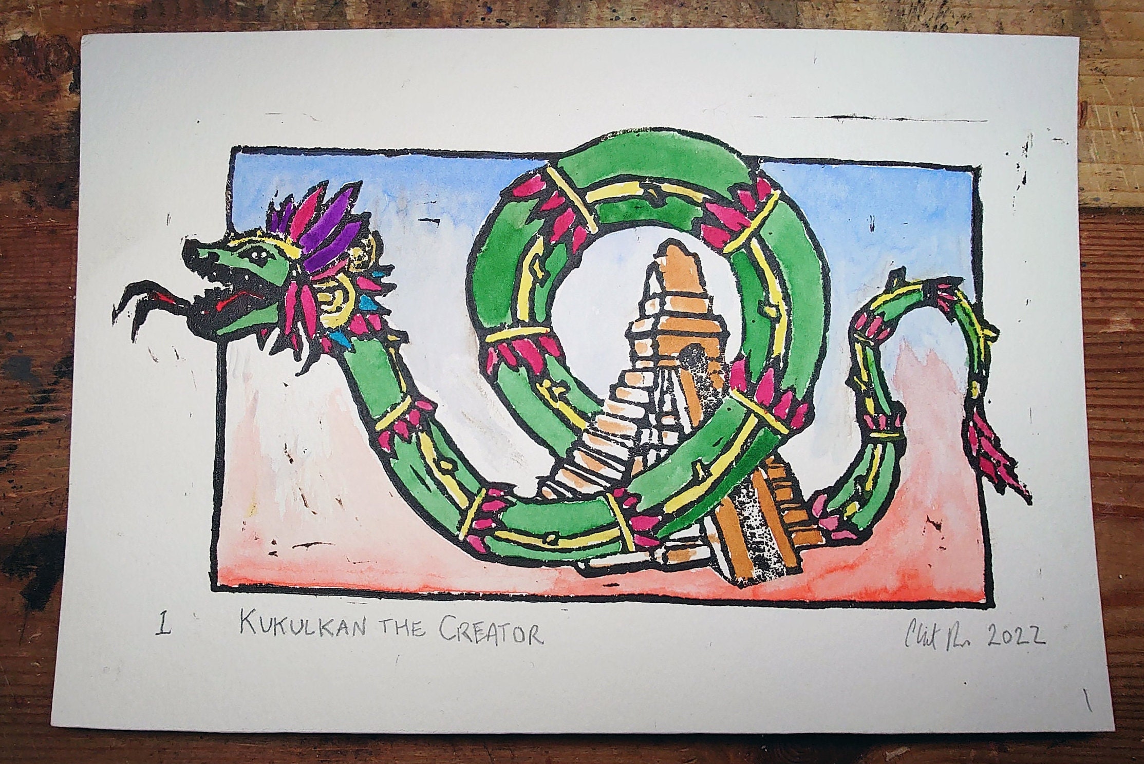 Kukulkan the Creator Linocut Print With Watercolour Limited Edition 18 ...