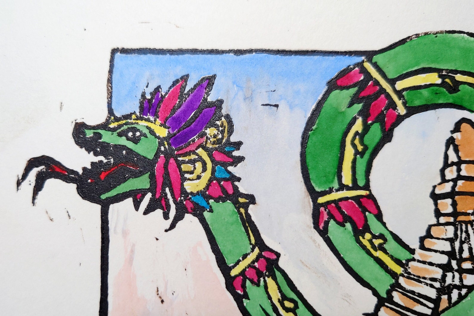 Kukulkan the Creator - Linocut Print With Watercolour - Limited Edition ...