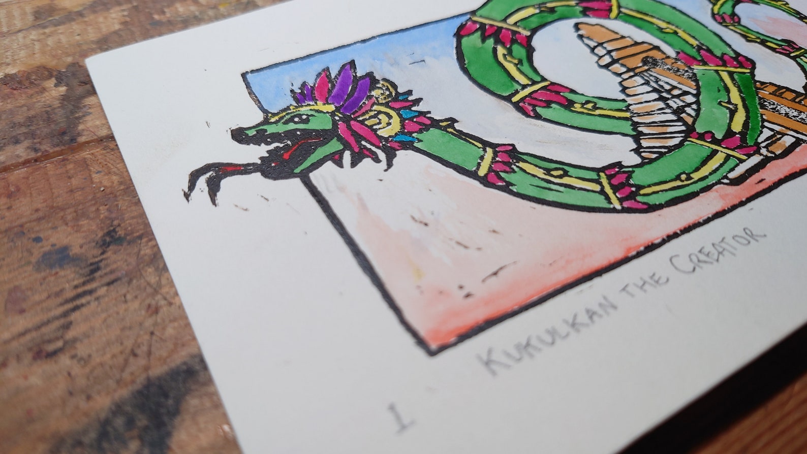 Kukulkan the Creator - Linocut Print With Watercolour - Limited Edition ...