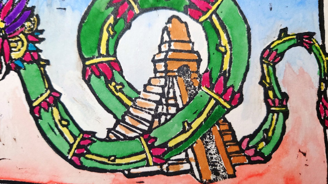 Kukulkan the Creator - Linocut Print With Watercolour - Limited Edition ...