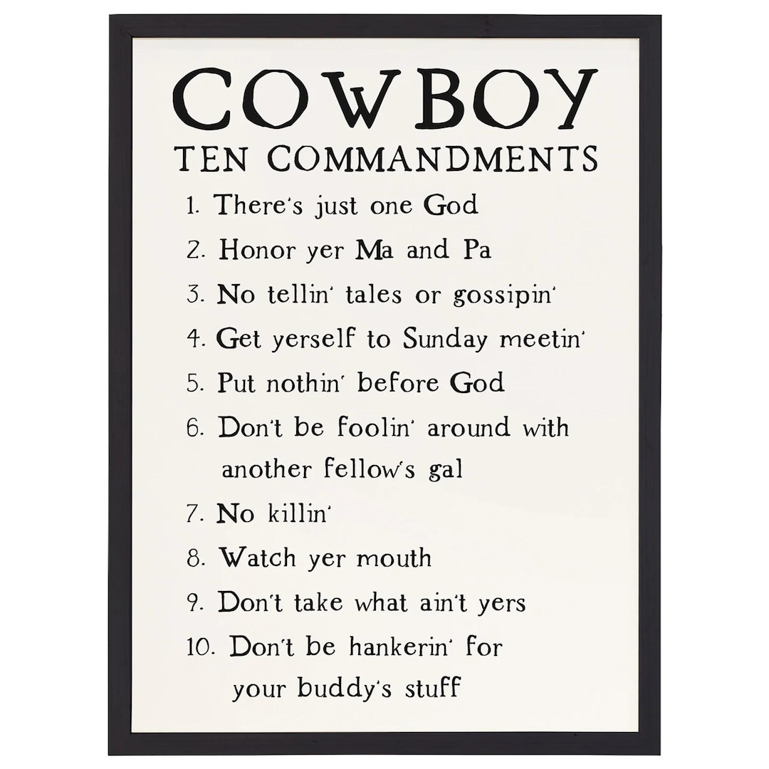 Cowboy Ten 10 Commandments - Large Wood Frame - Western Wall Art Home ...