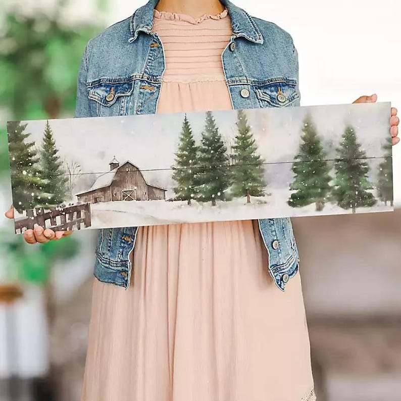 Winter Barn Scene - Rustic Wood Pallet Sign - Snow - Pine Trees - Etsy