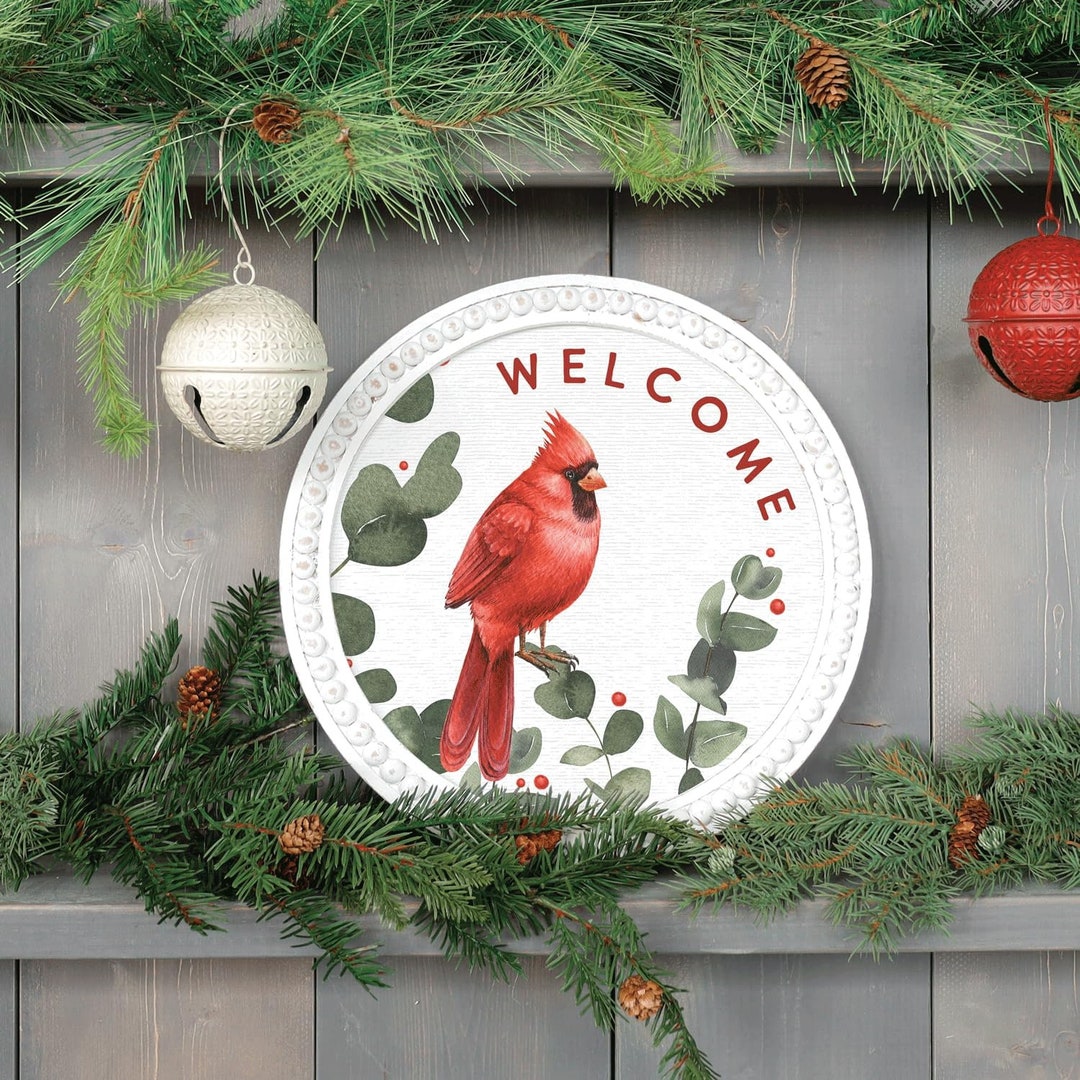Winter Cardinal Round Sign With Beaded Wood Frame Rustic Farmhouse ...