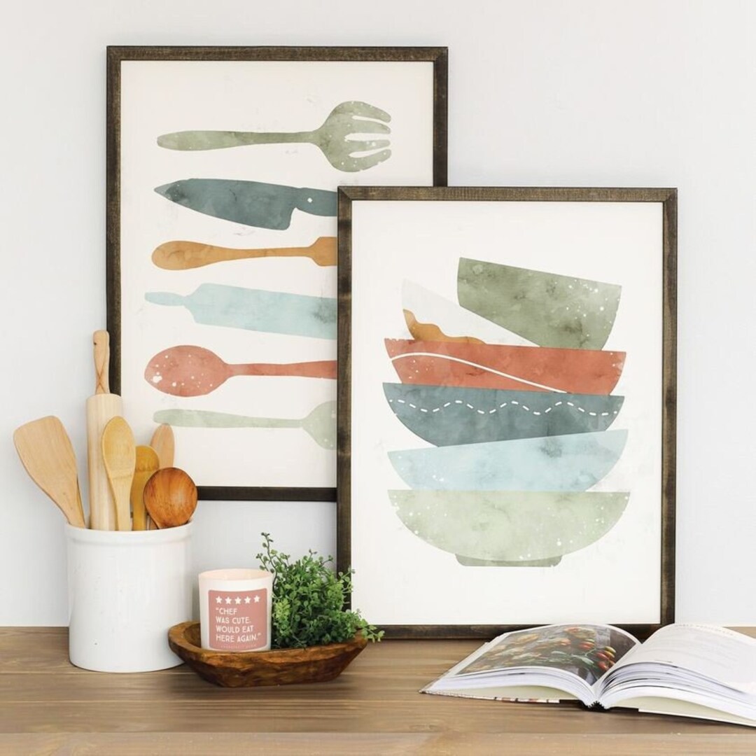 Set of Large Kitchen Print Kitchen Stacked Bowls and Utensil Signs Two ...