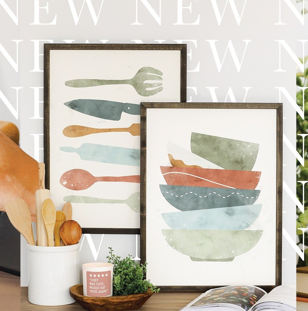 Set of Large Kitchen Print Kitchen Stacked Bowls and Utensil Signs Two ...