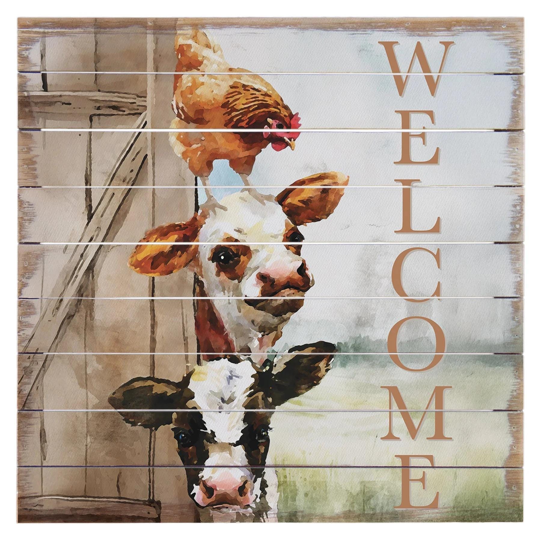 Stacked Animals Welcome - Cows and Chicken - Rustic Wood Pallet Sign ...
